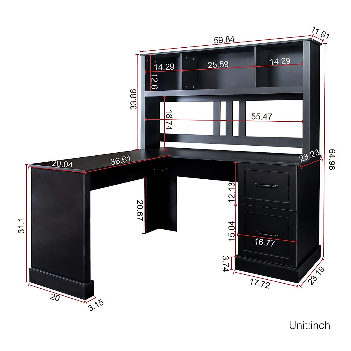 Holaki L Shaped Desk,Computer Desk with Drawers,Bookshelf & Hutch,Modern Corner Desk,Home Office Desk,L-Shaped Study Table Writing Desk,Corner Gaming Computer Desk with Storage(Black)