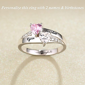 Roseinside Personalized Double Heart-Shaped Birthstone Sterling Silver Ring Couple Promise Rings for Her Engraved 2 Birthstones and Names mothers ring anniversary ring Gift for Her Wife Valentine's Day Anniversary