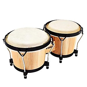 MUSICUBE Bongo Drum Set with Tuning Wrench Professional Wooden Percussion Instrument for Beginner Adults Kids (Natural Skin)
