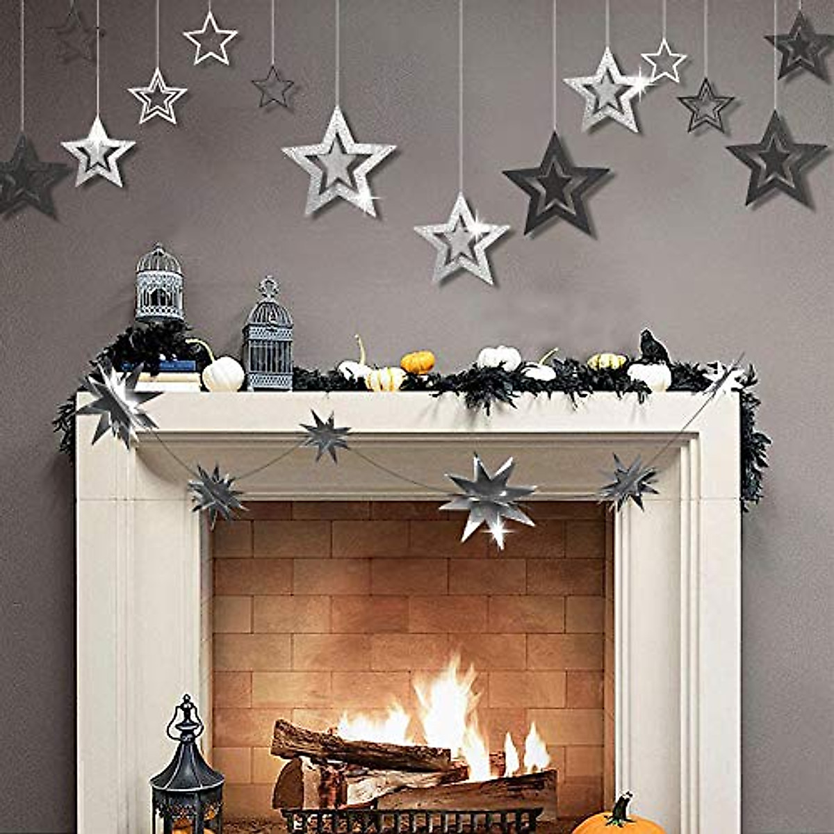 Cheerland Glitter Black Charcoal Silver Star Party Decorations Twinkle Little Star Garland Hanging Backdrop Banner Halloween Birthday Bridal Shower Graduation Ramadan EID Wedding Bachelorette Decor