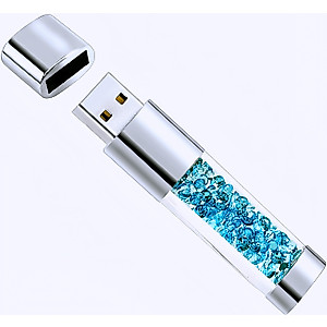 WooTeck 128GB Jewelry Crystal Lipstick USB Flash Drive,High Speed Memory Stick Pendrive, Lake Blue