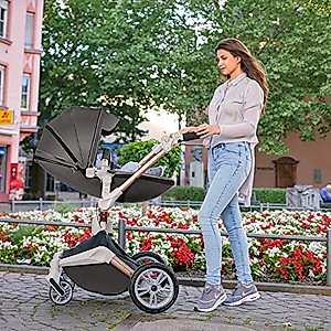 Baby Stroller 360 Rotation Function,Hot Mom Baby Carriage Pu Leather Pushchair Pram,Dark Grey