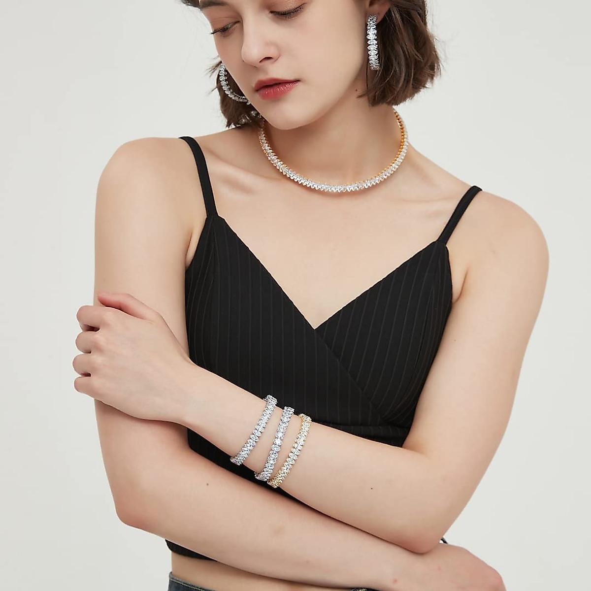 Oval Cubic Zirconia Open Adjustable Cuff Bracelet for Women Men, Yellow Gold Plated Personalized CZ Tennis Bracelet and Rhinestone Anklets Chain (Oval CZ Bracelet)