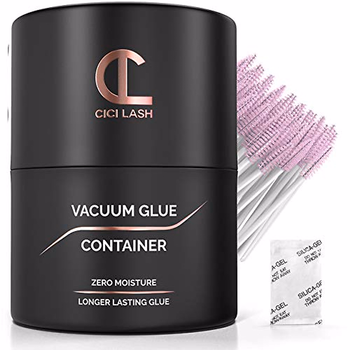 Lash Glue Holder Storage Container For Eyelash Extensions Adhesive & 100 Mascara Brushes | Vacuum Sealed Airtight Jar/Tank/Box/Bottle | Professional Lash & Nail Salon Supplies & Accessories