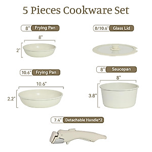 Cuisinluv 5PCS Pots and Pans Set Non Stick, Kitchen Cookware Sets with Detachable Handle, Induction Cookware Sets, Non Stick RV Cookware Cooking Set, Dishwasher ＆ Oven Safe, PFOA Free, Cream White
