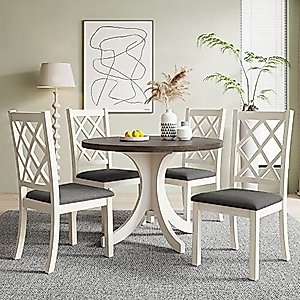 Merax 5-Piece Mid-Century Solid Wood Round Dining Table Set with 4 Upholstered Chairs for Small Places, Family Kitchen Furniture, White & Brown