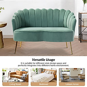 HULALA HOME Modern Velvet Loveseat Sofa with Flower Shaped Back, Comfy Upholstered 2-Seater Sofa with Gold Metal Legs, Small Love Seat Accent Couch for Living Bedroom Leisure Areas, Sage