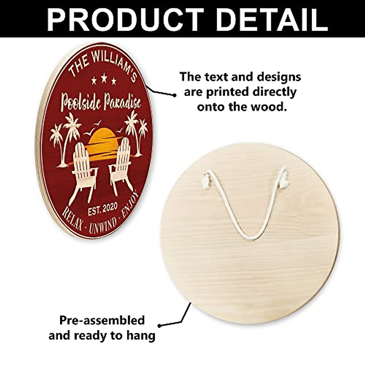 MUCHNEE Personalized Funny Swimming Pool Zone Printed Sign for Backyard Paradise Patio Oasis Waterfront - Relax Unwind Enjoy Round Wood Plaque Indoor Decorations - Gift for Birthday Housewarming