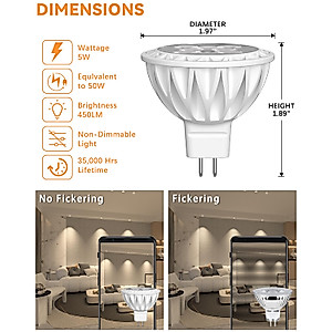 GOHDLAMP MR16 LED Bulbs 50W Halogen Equivalent Landscape Light Bulbs, 2700K Warm White 5W GU5.3 MR16 12V Spotlight Bulb, Non-Dimmable 38° Beam Angle for Landscape, Recessed, Track Lighting 6 Pack
