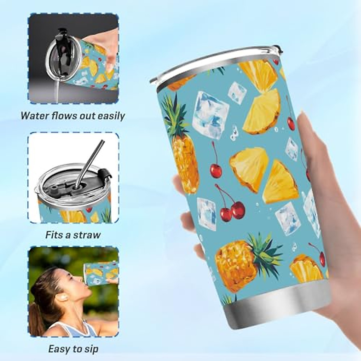 sanluoli Summer Fresh Fruits Blue Stainless Steel thermal cups with Straw Leak Resistant Flip coffee mug for Home, Office or Car Aesthetic tumblers with lids 20 OZ