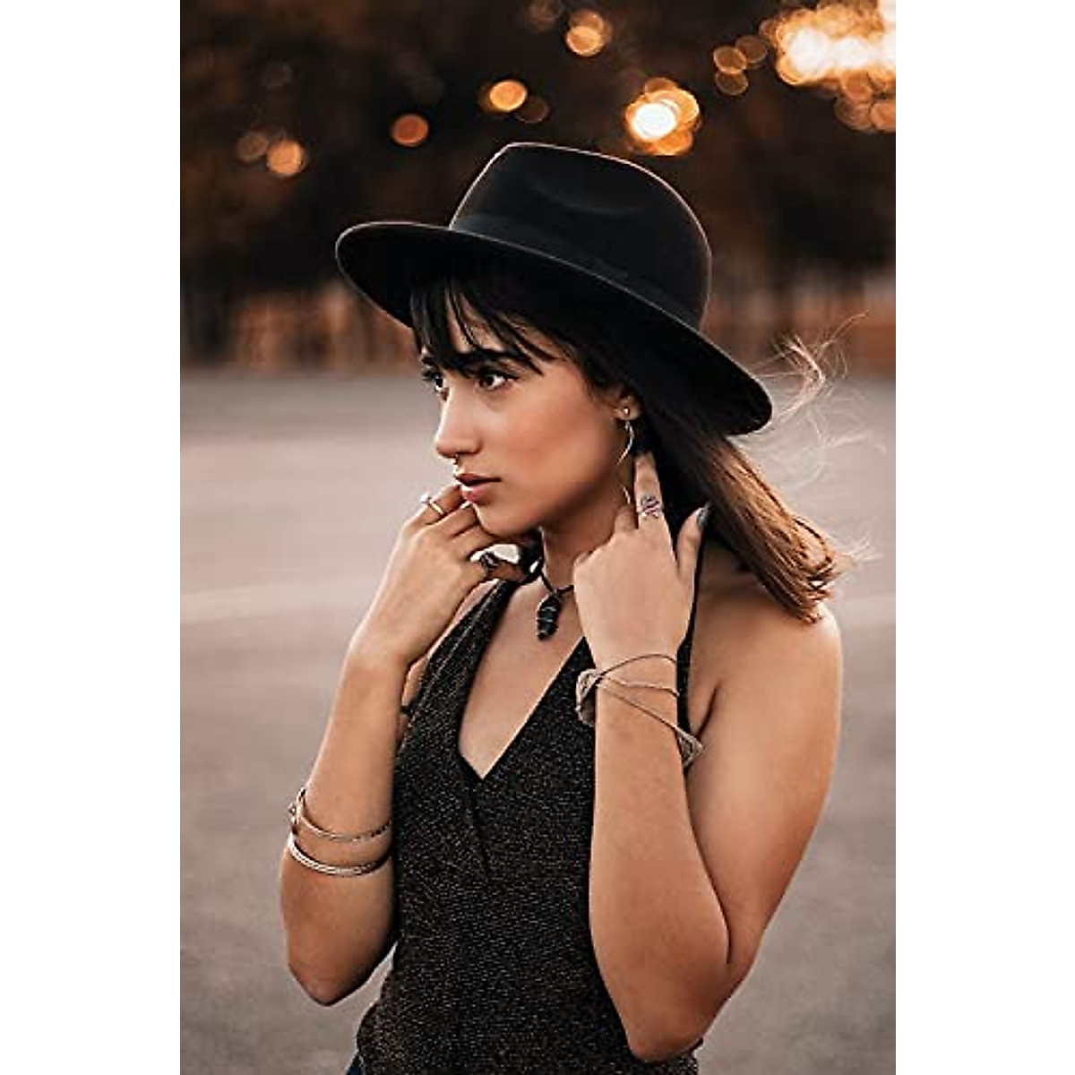 Classic Felt-Fedora Hat with Belt Buckle Women Wide Brim Wool Panama-Hat Adjustable（Size：S-M）