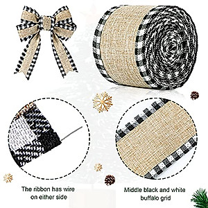 2 Rolls Christmas Buffalo Plaid Wired Edge Ribbons Christmas Tree Burlap Fabric Craft Ribbon Wrapping Ribbon with Checkered Edge, 216 Inch (Black and White,1.5 Inch Width)