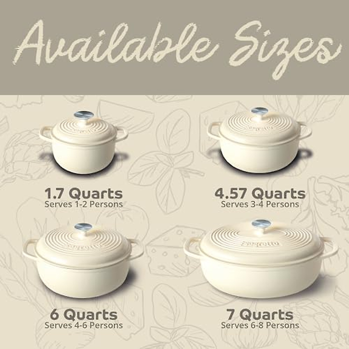 Segretto Cookware Enameled Cast Iron Dutch Oven Pot with Lid Bianco Perla (Pearl White) 1.7 Quarts Dutch Oven Cast Iron with Handle 1.7 qt Enamel Camping Small Dutch Oven for Bread Baking, Cooking