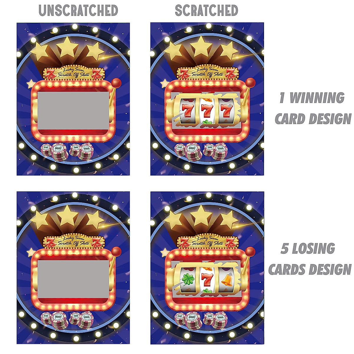 juccybe Casino Games Scratch Off Gambling Cards for Fun Vegas Casino Gambling Games Night Party Supplies, 30 Pack Slot Machine Theme Designed Cards Including 4 Winning 777 Game Cards