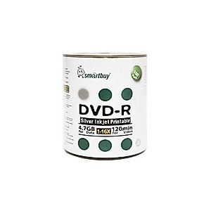 Smart Buy 100 Pack DVD-R 4.7gb 16x Silver Printable Inkjet Blank Record Disc, 100 Disc 100pk