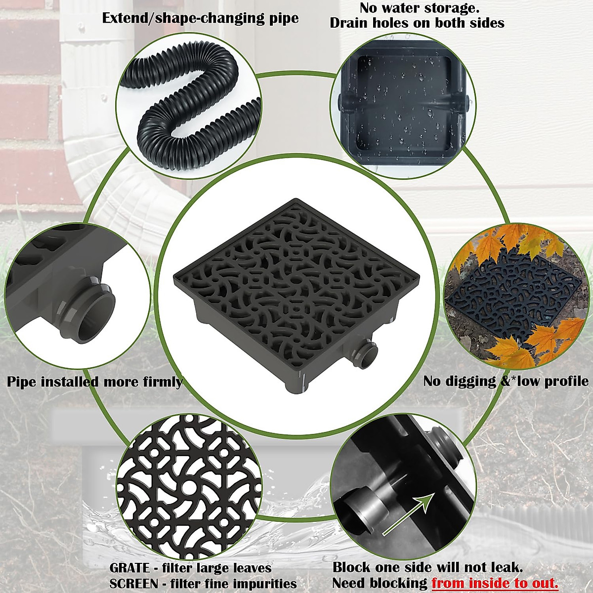 Gutter Downspout Extensions, NAACOO Upgraded 12x12in Catch Basin Low Profile Downspout Extender | No Deep Dig French Drain, Flexible Pipe Extension to 8.2ft, Protect House Foundation.