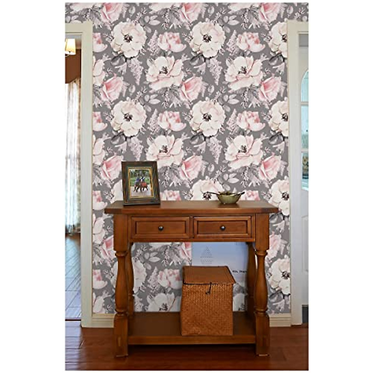 HAOKHOME Floral Peel and Stick Wallpaper Peony Removable Grey/Pink Vinyl Cabinet Self Adhesive Shelf Liner 17.7in x 9.8ft