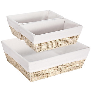 Vagusicc Storage Basket, Set of 3 Woven Paper Rope Wicker Baskets for Storage with Handles, 15 Inches Large Cube Storage Bins Woven Storage Baskets with Liners for Shelves Organizing & Decor, Beige