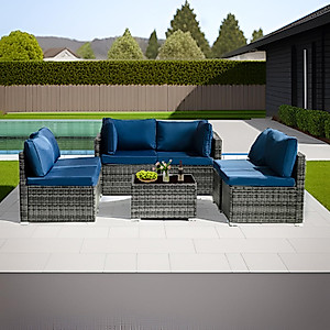 Generic 7-Piece Patio Furniture Set Wicker Sectional Outdoor Sofa Set with Coffee Table and Pillows, All Weather Assembled Patio Furniture for Apartment, Garden, Backyard and Poolside (Grey-Blue)