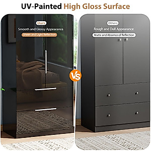 VINGLI 72.8" H Wardrobe Closet with Mirror, High Gloss 4 Door Armoire with 2 Drawers, Wardrobe Cabinet with Hanging Rod & Shelves, Modern Black Freestanding Armoire Wardrobe Closet for Bedroom, Wood