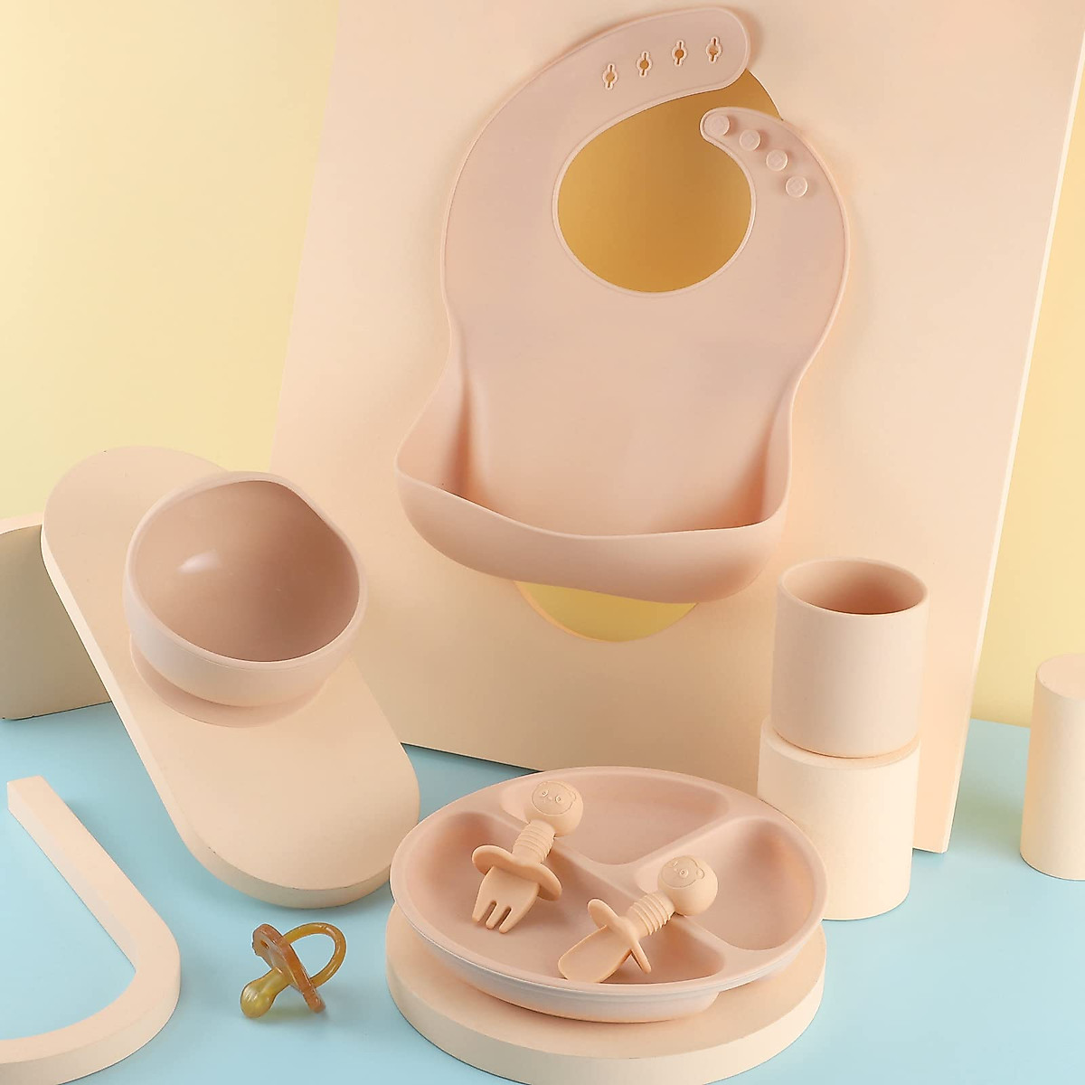 Pimoys 6 Pack Silicone Baby Feeding Set Baby Led Weaning Supplies Suction Bowl Plate Bib Tiny Cup Toddler Dishes with Fork & Spoon, Baby Eating Utensils Microwave & Dishwasher Safe