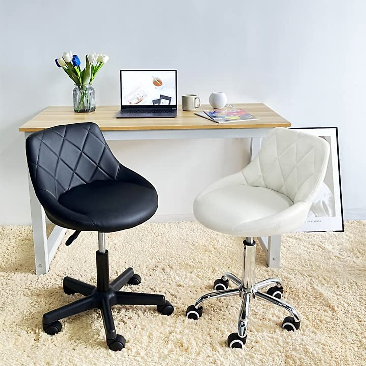 KKTONER Mid Back PU Leather Height Adjustable Swivel Modern Task Chair Computer Office Home Vanity Chair with Wheels (White)