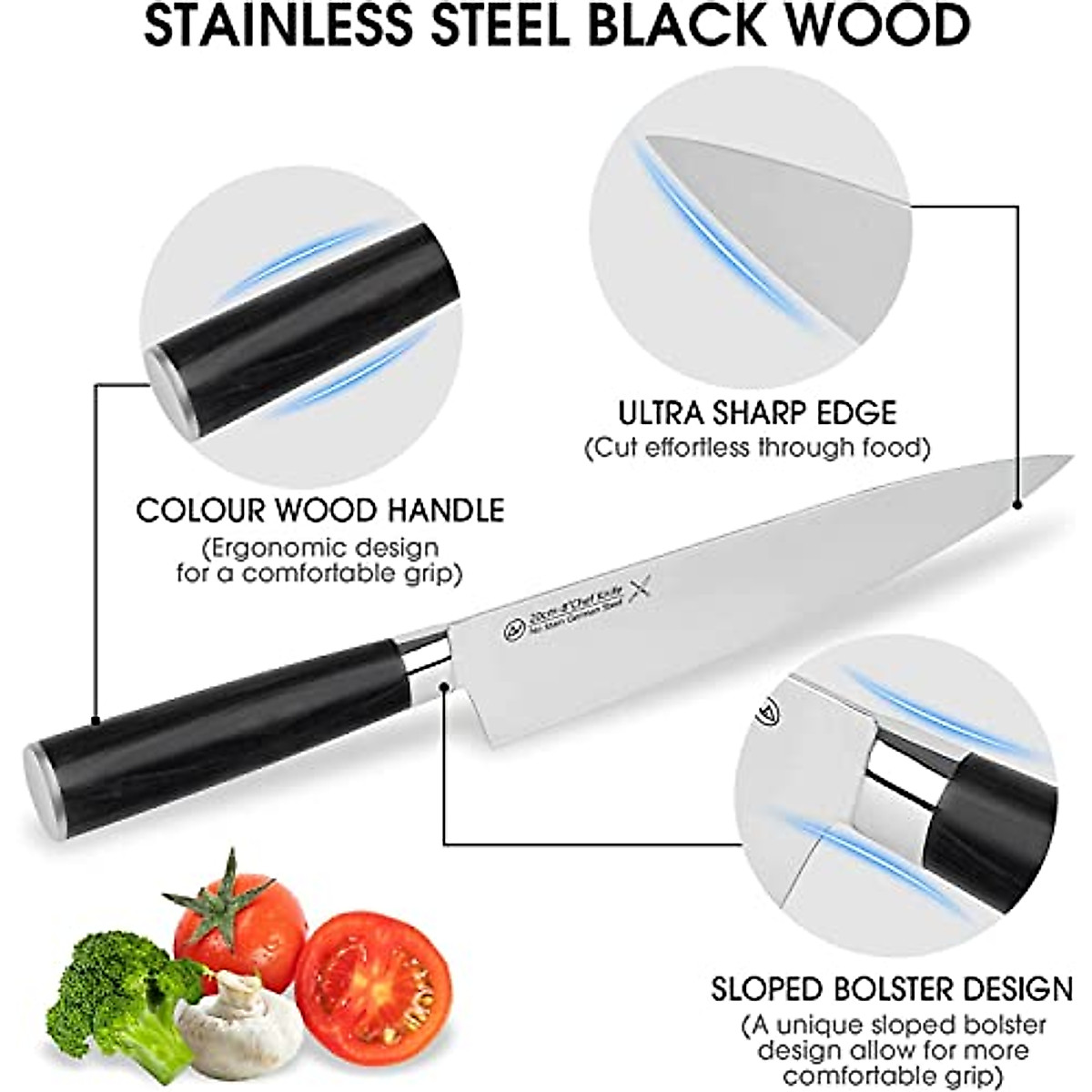 Knife Set, 18Pcs Black Knife Block Sets, German Stainless Steel Knife Sets for Kitchen with Block, Kitchen Knives for Chopping, Slicing, Dicing & Cutting