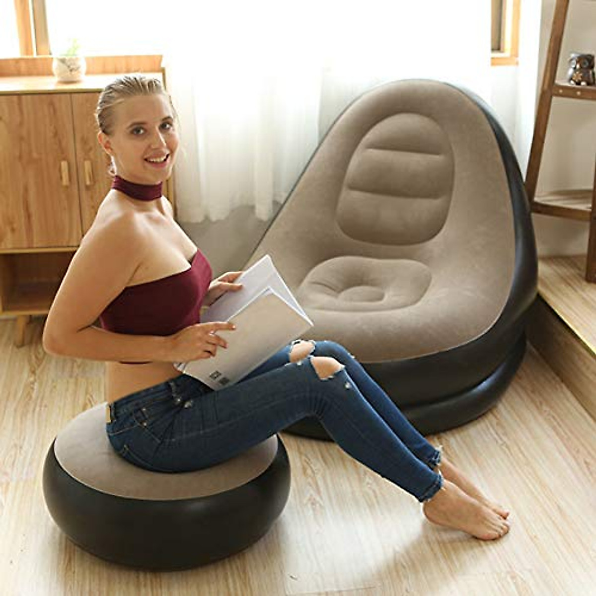 Inflatable Lounge Chair for Adults, Folding Portable Lazy Sofa with Foot Stool Lazy Flocking Recliner Chair Air Couch Sofa for Indoor Livingroom Gaming Bedroom Office Balcony, Outdoor Travel Camping