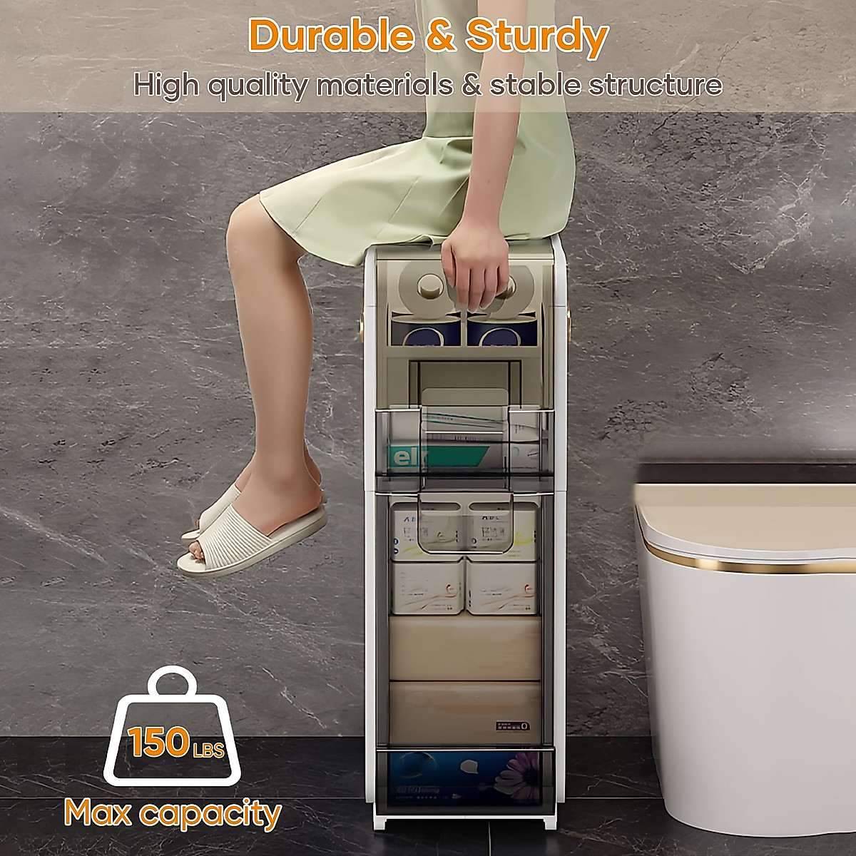 MOSAMNI 3-Tiers Slim Bathroom Storage Cabinet, Narrow Bathroom Storage Cabinet with Drawers & Wheels, Plastic Waterproof Bathroom Storage Organizer for Small Spaces, Kitchen, Laundry Room, Out-of-Box