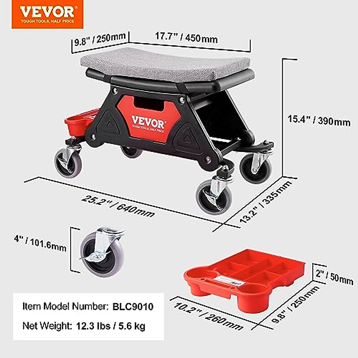 VEVOR Mechanic Stool 300 LBS Capacity Garage Stool Gift for Men, Heavy Duty Rolling Mechanics Seat, with Three Slide Out Tool Trays and Drawer, Tools for Automotive Auto Repair
