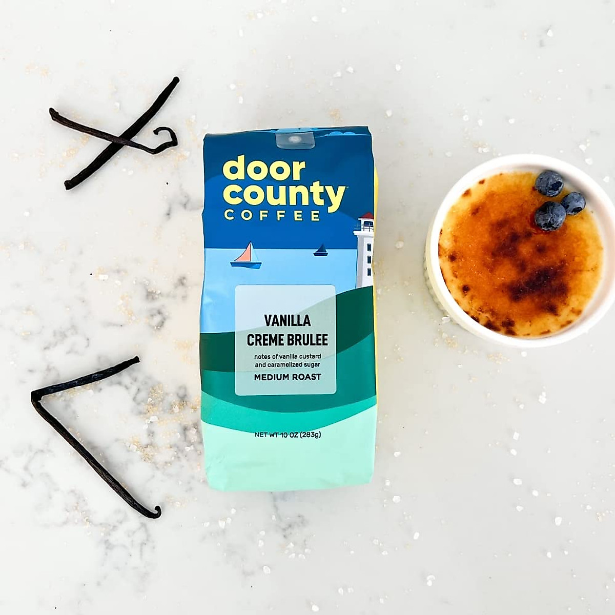 Door County Coffee Vanilla Creme Brulee Flavored Coffee |10oz Bag | Ground Coffee Medium Roast |100% Arabica Coffee | Vanilla Creme Brulee