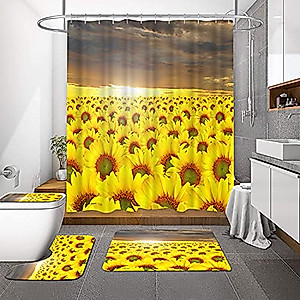 VividHome 4Pcs Sunflowers Shower Curtain Sets with Non-Slip Rugs Toilet Lid Cover and Bath Mat Yellow Floral in The Sunset Landscape Shower Curtains with 12 Hooks Waterproof Bathroom Accessories Set