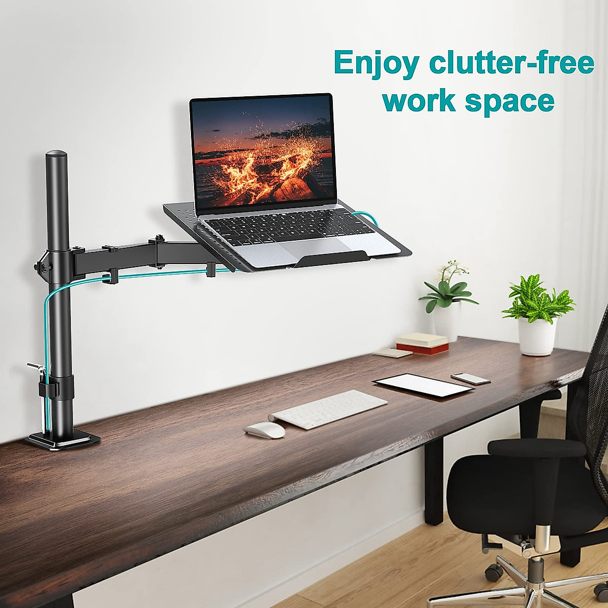 MOUNT PRO Single Laptop Mount with Tray for Laptop up to 17 inches, Holds Up to 17.6lbs, Fully Adjustable Notebook/Laptop Desk Mount Stand, Heavy Duty Laptop Arm Mount with Clamp and Grommet Base