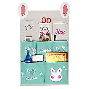 KINGREE 2PCS Wall Closet Hanging Storage Bag with Hooks Premium Linen Fabric Over The Door Organizer, Hanging Storage Pouches with 3 Pockets and 7 Pockets for Bedroom Bathroom (Rabbit)