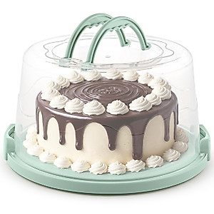 MosJos Extra Large Cake Carrier, Cake Stand with Lid and Foldable Handles - Multifunctional Serving Platter and Cake Plate - Cake Container with Dome and Strong Snaps 13 x 13 x 7 inch (Green)