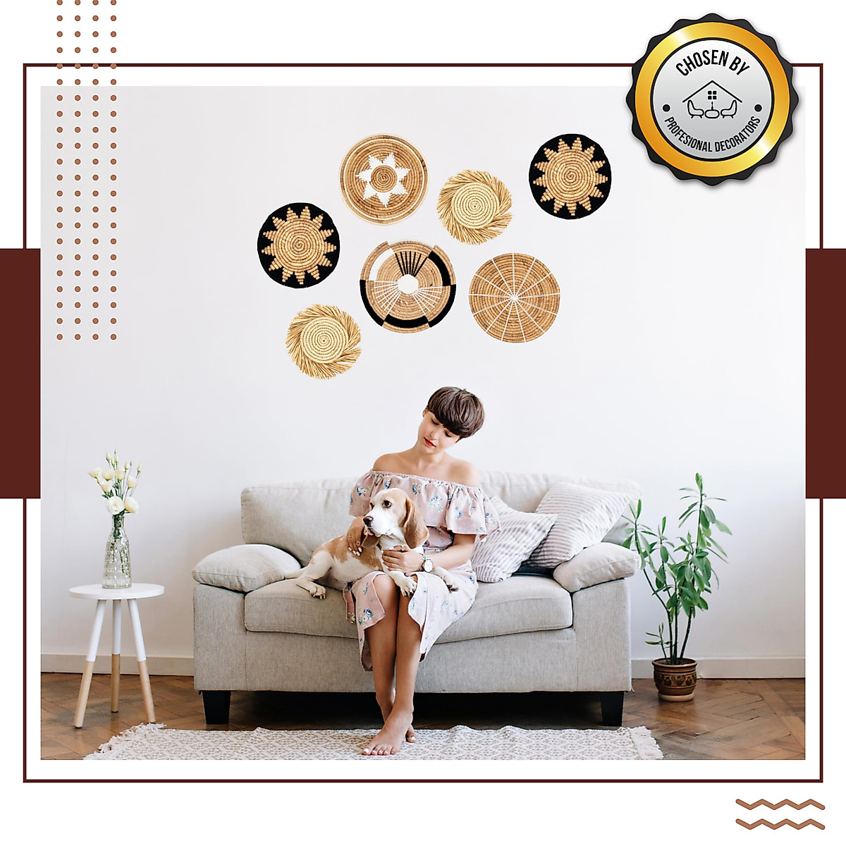 Kokoboho - Wall Basket Decor Set of 7 (Large Setup Sizes, for Example: 55" x 39" and 47" x 26") - Infused with Boho Style & Natural Elegance - Handcrafted Vietnamese Artistry with Seagrass. Basket sizes: 1 x 13.8", 2 x 13", 2 x 11.8", 2 x 11"