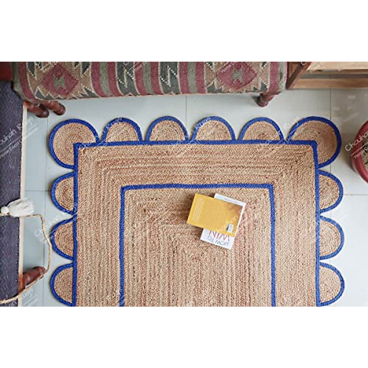 Chouhan Rugs Area Rug Natural Jute Hand Braided Rug Light Blue Scalloped Runner
