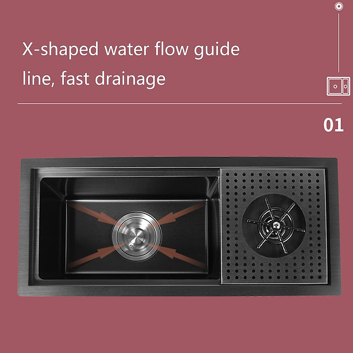 QINTH Bar Sink with Glass Rinser, Stainless Steel Undermount Prep Kitchen Sink, 23.4 X 10.2 Inches Single Bowl, for Hotel Cafe Restaurant Workstation