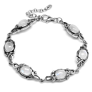 Silvershake 8x6mm Oval Natural Moonstone 925 Sterling Silver Leaf Vintage Inspired 7 to 8.5 Inch Adjustable Bracelet