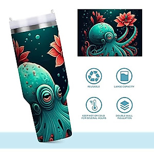 Octopus Flower Stainless Steel Tumblers with Straw and Handle for Water, Tumbler Cups 30 OZ / 0.89 L