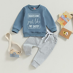 YINGISFITM Toddler Baby Boy Fall Clothes Dads Boy Letter Crewneck Sweatshirt Long Sleeve Shirt Top Pants Winter Outfit Set (like my dad blue, 0-6 Months)