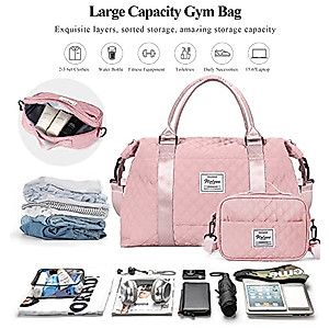Travel Duffel Bag Weekender Bag for Women，Overnight Carry on Bag with Toiletry Bag, Gym Tote Bag with Wet Pocket,Grid Pink