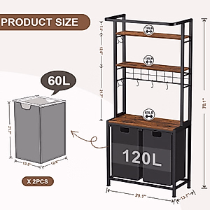 Snughome 3 Tier Laundry Hamper with Shelf and Hanging Bar, Tall Laundry Basket Sorter with Storage Rack, 2 Section Clothes Hamper with Hooks for Laundry Room, Bathroom, Bedroom
