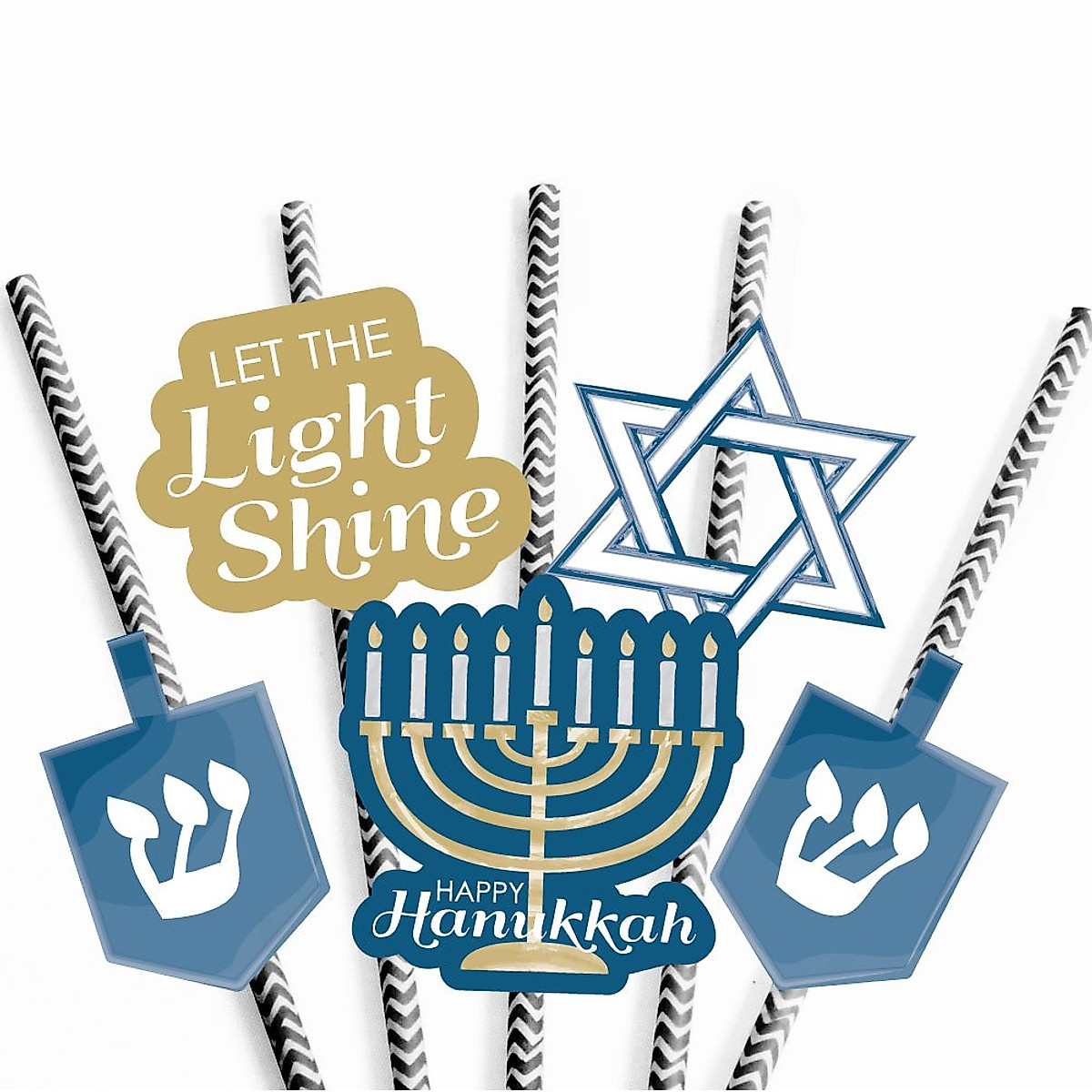 Big Dot of Happiness Happy Hanukkah Paper Straw Decor - Chanukah Party Striped Decorative Straws - Set of 24