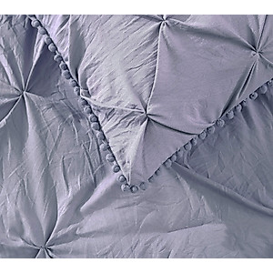 Chezmoi Collection Natalia 3-Piece Pom Poms Fringe Pinch Pleat Duvet Cover Set - Hypoallergenic Soft Washed Microfiber Comforter Cover with Button Closure and Corner Ties - Queen, Purple