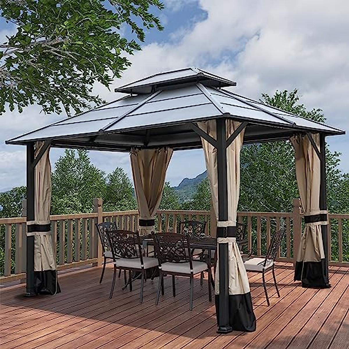 MONDAWE 10x12Ft Hardtop Gazebo Double Roof Permanent Gazebo Steel Frame Canopy Outdoor Pavilion Heavy Duty for Patio Lawn Garden with Curtains and Netting,Black