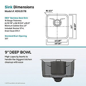 KRAUS Dex 17-Inch Undermount Single Bowl TRU16 Gauge Stainless Steel Kitchen Bar Sink with DrainAssure WaterWay and VersiDrain Assembly in Radiant Pearl Finish, KD1US17B