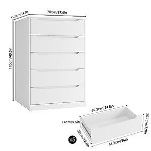 HOSTACK Modern 5 Drawer Dresser for Bedroom, Tall Chest of Drawers with Storage, Large Wood Cloth Storage Organizer with Cut-Out Handle, Accent Storage Cabinet for Living Room, Hallway, Classic White
