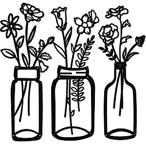 Set of 3 Metal Vase Flowers Wall Art Metal Flower Wall Art Wall Decor Hanging Iron Wall Sculptures Hanging for Home Bedroom Bathroom Kitchen Garden Outdoor and Indoor Housewarming Gift Large (Black)