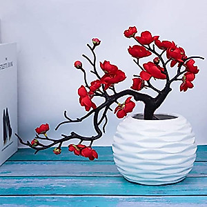 LIUCOGXI Artificial Plum Blossom Flower Red with Ceramic Potted for Home Living Room Party Wedding Garden Office Patio Decor